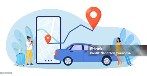 온라인 자동차 임대료 택시 나 자동차 공유를 주문하기 위해 모바일 응용 프로그램을 사용하는 사람들 도시 지도에 경로 및 위치 표시가있는 스마트 폰 화면 근처의 여성 여자에