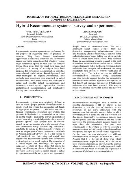 Hybrid Recommender Systems Survey And Experiments Pdf Information Computing