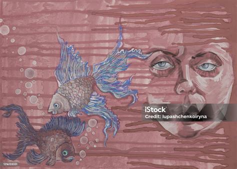 갈색 톤의 흐르는 수채화에 수족관 물고기와 물에 긴 머리와 회색 눈을 가진 여자의 감정 종이 수평 초상화 판타지 에 예술 수채화