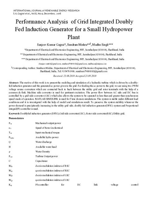 Pdf Performance Analysis Of Grid Integrated Doubly Fed Induction Generator For Small
