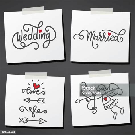 스티커 노트 세트 손으로 그린 스틱 그림과 글자 화살표와 심장 아이콘 접착식 메모지에 대한 스톡 벡터 아트 및 기타 이미지