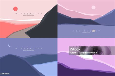 벡터 그림입니다 미니멀리즘 기하학적 풍경 컬렉션입니다 미드 센추리 모던 그래픽 언덕과 초원의 도로 바위의 호수 야경 일몰 웹