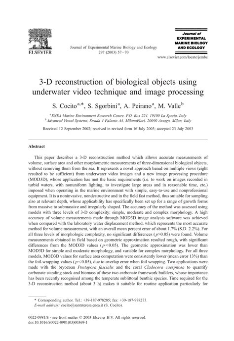 Pdf 3 D Reconstruction Of Biological Objects Using Underwater Video