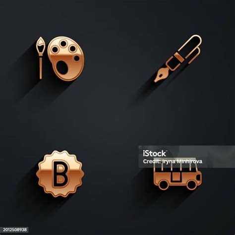 팔레트가 있는 페인트 브러시 만년필 펜촉 시험지 오답 및 긴 그림자가 있는 스쿨 버스 아이콘을 설정합니다 벡터 교육에 대한 스톡 벡터 아트 및 기타 이미지 Istock