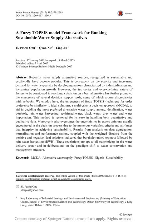 A Fuzzy Topsis Model Framework For Ranking Sustainable Water Supply Alternatives Request Pdf