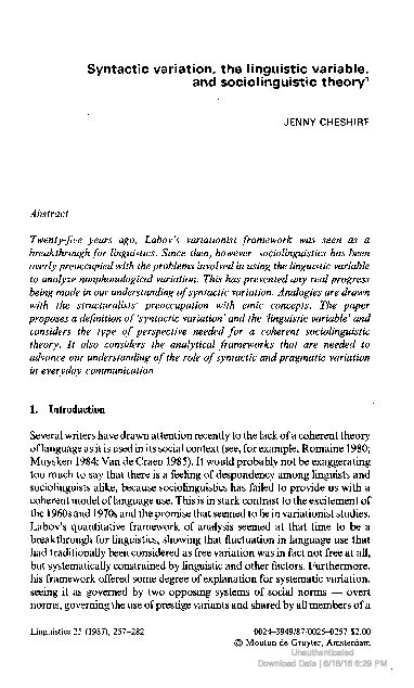 pdf syntactic variation the linguistic variable and sociolinguistic