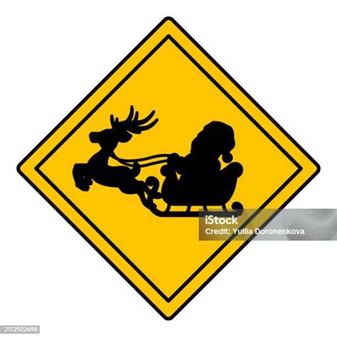 산타 클로스 경로를 건너는 위험의 노란색 경고 표시 유머러스 한 도로 표지판 스티커 썰매를 탄 산타가 순록 중 한 마리를