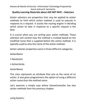 Quality Learning Materials About ASP NET MVC Unit Testing Aaron Joshua B Sarmiento Quality