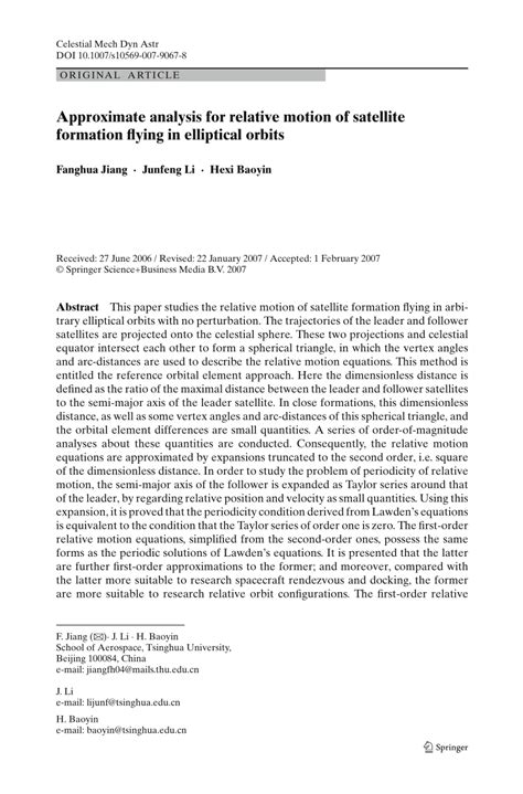 Pdf Approximate Analysis For Relative Motion Of Satellite Formation Flying In Elliptical Orbits