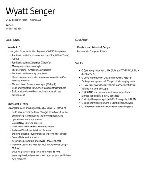 Unix Engineer Resume Samples Velvet Jobs