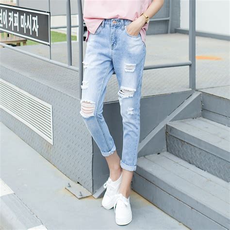 夏季白色宽松破洞牛仔裤女九分裤韩版七分裤直筒乞丐学生9分大码 AIOExpress国际转运公司