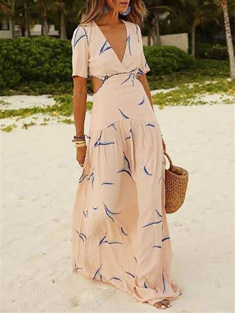 Maxi Dresses Short Sleeves Nude Printed V Neck Pleated Maxi Irregular
