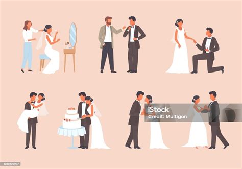 사람들은 결혼 세트를 얻습니다 턱시도와 여자 화이트 드레스를 절단 웨딩 케이크 로맨틱 한 쌍 댄스 홀 신부 드레스 거울 우아한