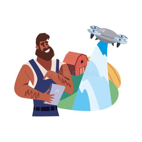 Farmer Monitoring Crops Growth With Drone Stock Vector Illustration