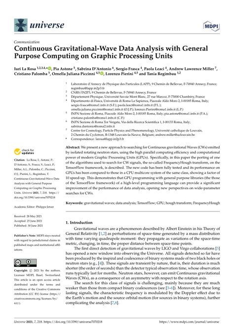 Pdf Continuous Gravitational Wave Data Analysis With General Purpose Computing On Graphic