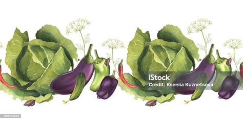 녹색과 보라색 야채 원예 수평 테두리 양배추 가지 고추의 원활한 패턴입니다 Textile Design Packaging And Background를 위한 수채화