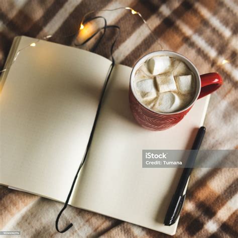 가 겨울의 코코아 커피 또는 격자 무늬에 마 시 멜로와 핫 초콜릿 머그잔 노트북 펜 화 환 배경 따뜻한 아늑한 가정 환경에서 계획 하는 작업의 개념 0명에 대한 스톡 사진