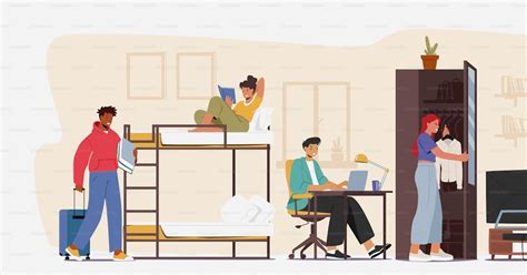 기숙사 방 내부의 학생 캐릭터 학년도에 생활하고 자고 공부할 수 있는 장소 침대 테이블 찬장이 있는 학자를 위한 대안 주택 만화 사람들 벡터 일러스트레이션 벡터