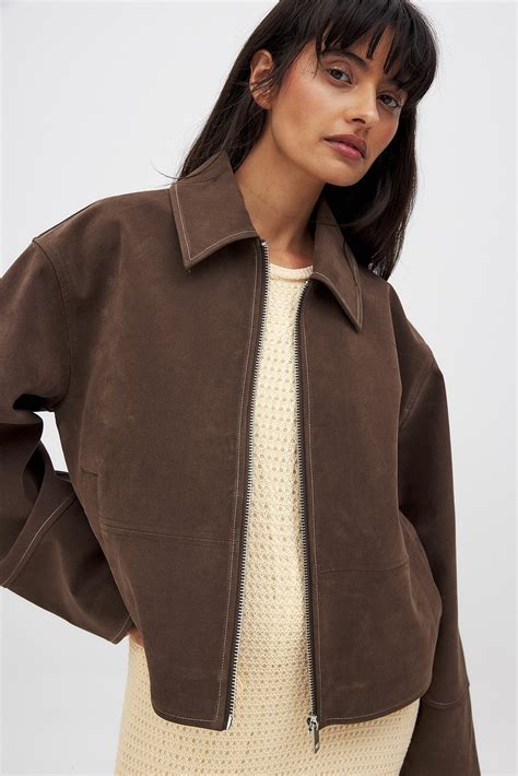 Faux Suede Zip Jacket Brown Na Kd