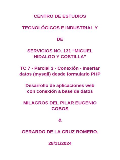Tc 7 Parcial 3 Conexión Insertar Datos Mysqli Desde Formulario Php Pdf Mi Sql Php