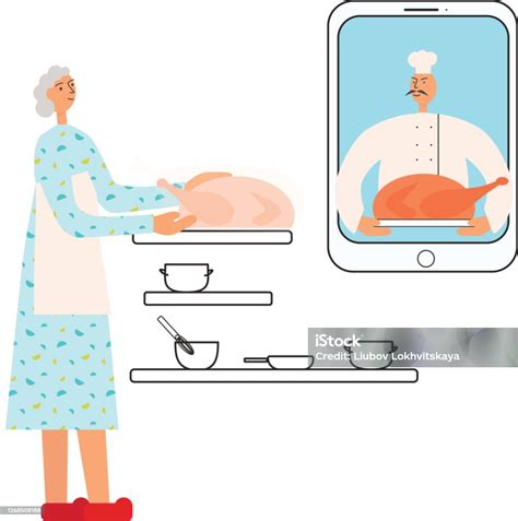 온라인 요리 코스 추수 감사절이나 크리스마스 날에 칠면조를 요리하는 노인 흰색 배경에 고립 된 온라인 요리 학교에 대한 벡터
