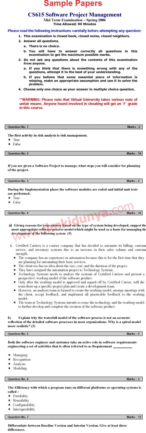 CS615 Software Project Management BBIT VU University Past Papers 2006 Mid Term E