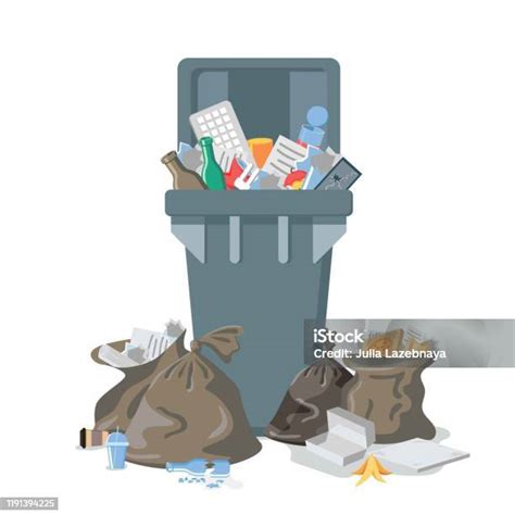 쓰레기로 가득 찬 플라스틱 쓰레기통 폐기물 재활용 및 관리 넘쳐 나는 쓰레기 상자 종이 유리 병 전자 폐기물이있는 비닐 봉지로 가득 차 있습니다 도시 배너 템플릿 청소