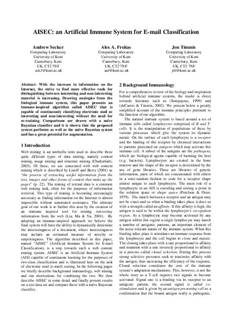 Pdf Aisec An Artificial Immune System For E Mail Classification Jon Timmis