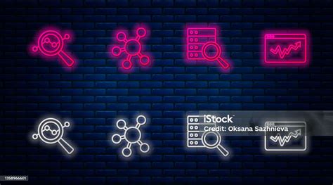 라인 프로젝트 팀 기반 서버 검색 데이터 분석 및 그래프 차트 인포그래픽을 설정합니다 벽돌 벽에 빛나는 네온 아이콘 벡터 개념에