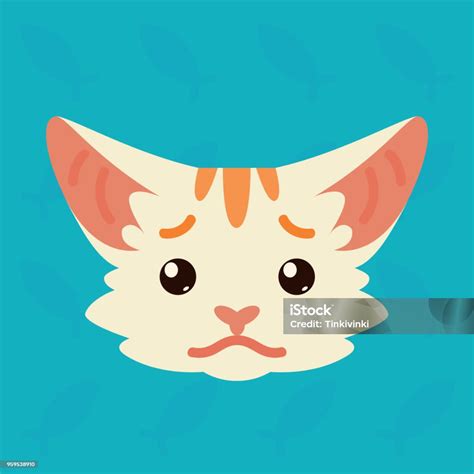 고양이 감정적인 머리 귀여운 키티의 벡터 그림 부정적인 감정입니다 슬픈 이모티콘입니다 스마일 아이콘입니다 인쇄 채팅 통신입니다 파란색 배경에 플랫 만화 스타일에 빨간