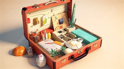 여행 필수품으로 가득한 3d 여행 가방 세계 탐험 여행 3d 여행 가방 열린 여행 가방 배경 일러스트 및 사진 무료 다운로드 Pngtree