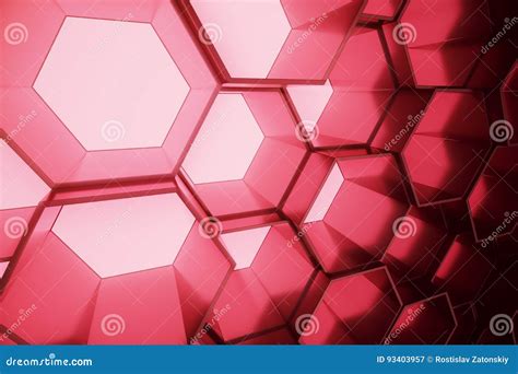 Abstract Red Of Futuristic Surface Hexagon Pattern Hexagonal Honeycomb With Light Rays 3d