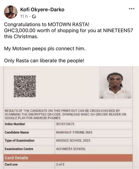 Kod Promises Tyrone Marhguy Ghc3 000 Worth Of Shopping For Scoring 8as In Wassce Photo Ghpage