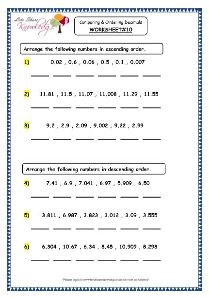 Grade 4 Maths Resources 3 3 Comparing And Ordering Decimals Printable