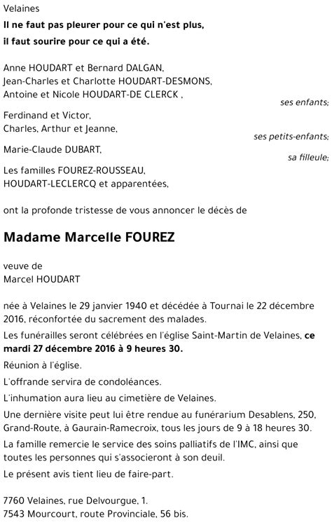 Avis De Décès De Marcelle Fourez Décédé Le 22 12 2016 à Tournai Annonce Condoléances Fleurs