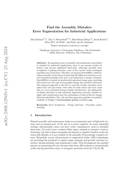 Pdf Find The Assembly Mistakes Error Segmentation For Industrial Applications