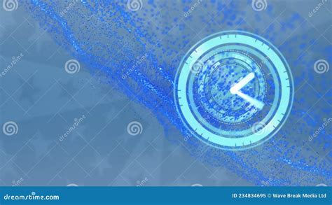 Animation Of Clock Moving Fast And Scope Scanning Over Stars On Blue Background Stock Video