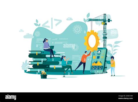 App Development Concept In Flat Style Developers Team Creating Mobile