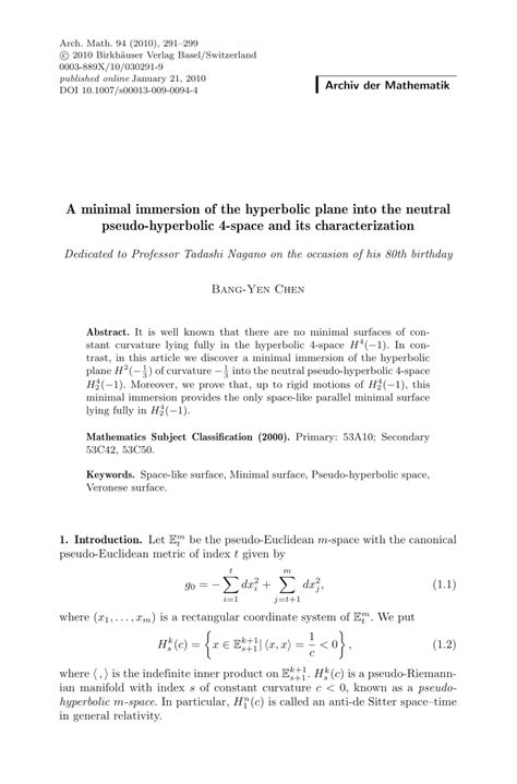 PDF A Minimal Immersion Of The Hyperbolic Plane Into The Neutral Pseudo Hyperbolic Space And