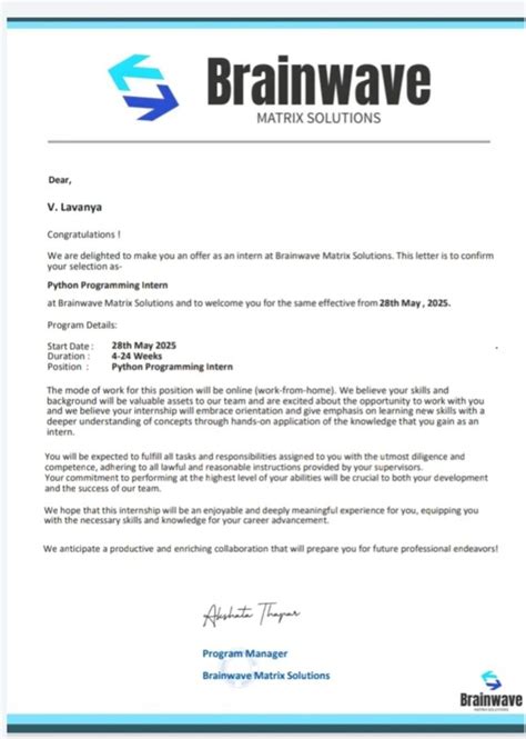 Pythonprogramming Internship Brainwavematrixsolutions Learning Growth Excited Lavanya V