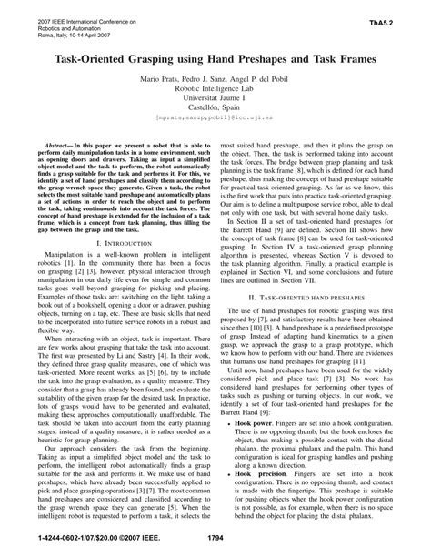 Pdf Task Oriented Grasping Using Hand Preshapes And Task Frames
