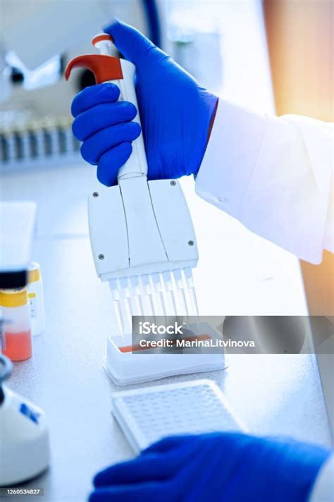 가변 볼륨 멀티채널 파이펫 의료 종사자 과학자 실험실 조수는 실험실에서 작동 Centers For Medicare And Medicaid Services에 대한 스톡 사진