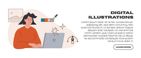 여성 그래픽 디자이너 프리랜서가 컴퓨터 웹 배너 템플릿을 작업하고 있다 그래픽 편집기에서 그림을 그리는 디지털 일러스트레이터 노트북으로 작업하는 여성 예술가 벡터 그림입니다