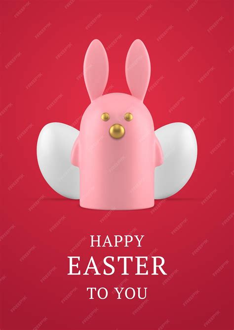 행복 한 부활절 토끼 캐릭터 닭고기 달걀 3d 인사말 카드 디자인 서식 파일 현실적인 벡터 일러스트 레이 션 프리미엄 벡터