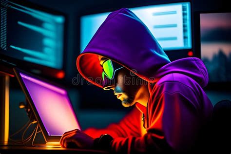 The Cyber Crime Hacker On The Computer System In The Dark Room Stock Illustration