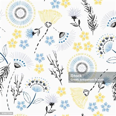 여름 완벽 한 패턴 색상형 손 그림 스케치 정원 꽃과 선 대시 흰색에 낙서 스타일 벡터 정장 패션 섬유 및 모든 지문에 대 한 나뭇잎 그리기에 대한 스톡 벡터 아트 및 기타