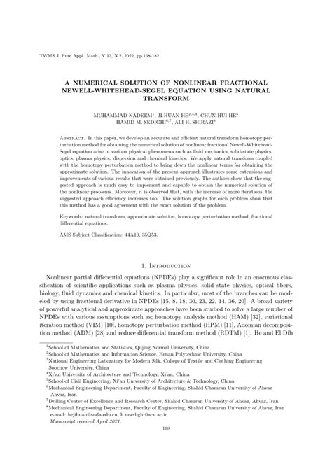 Pdf A Numerical Solution Of Nonlinear Fractional Newell Whitehead Segel Equation Using Natural
