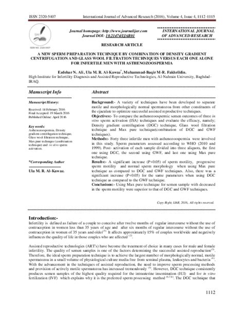 Pdf A New Sperm Preparation Technique By Combination Of Density Gradient Centrifugation And