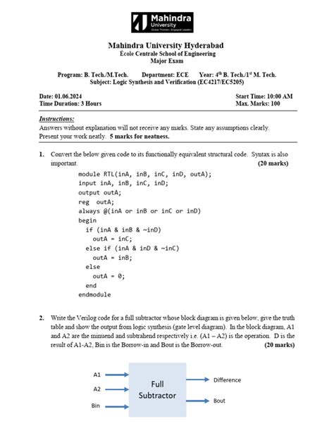 Ec4217ec5205 Logic Synthesis And Verification Major Qp Set1 Pdf Computer Science