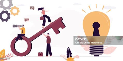 거대한 열쇠를 가진 성공적인 팀 열쇠 구멍이 있는 아이디어 전구입니다 브레인스토밍 아이디어 피칭 성공 공동의 목표 글로벌 비전의 달성을 잠금 해제하십시오 경영자에 대한 스톡